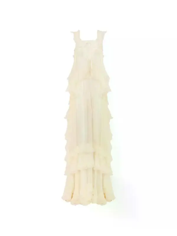 Chloé Sleeveless Layered Long Dress In Silk Mousseline And Lace - Neutrals