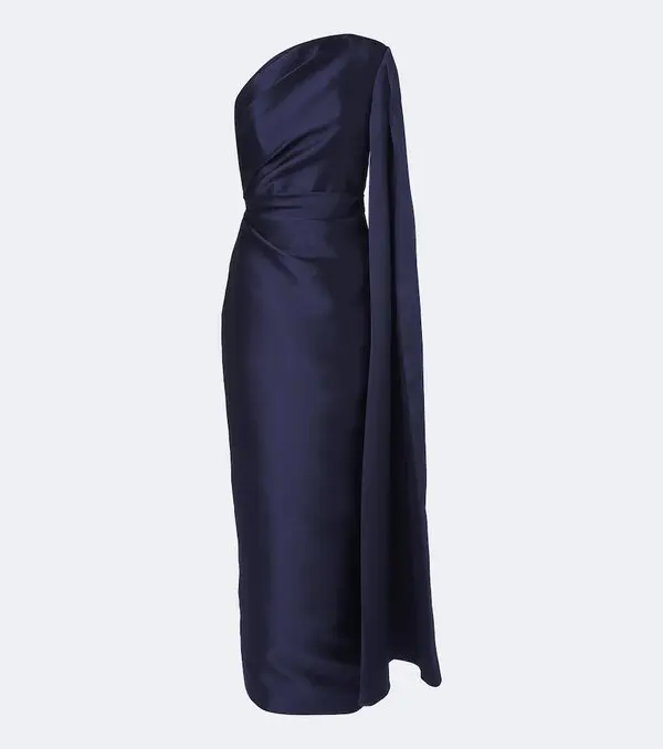 Solace London Veya Pleated One-shoulder Satin Gown - Blue