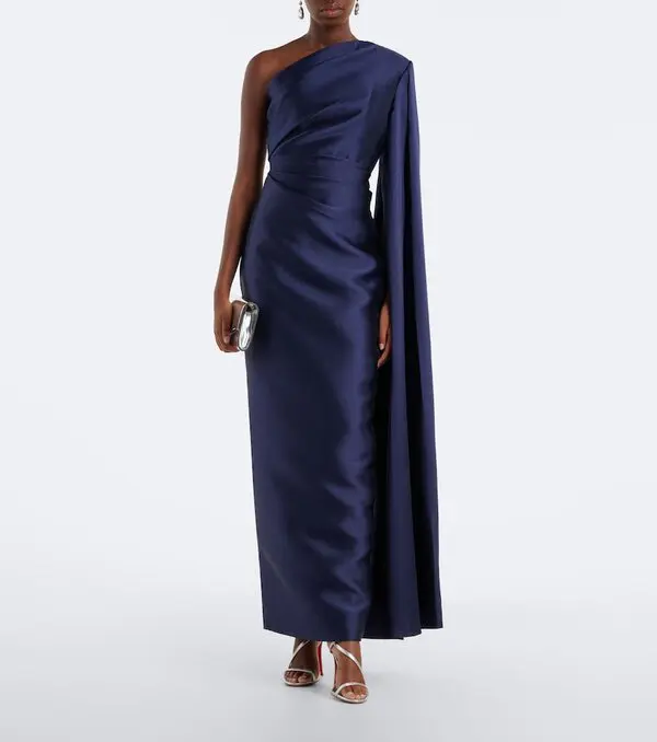 Solace London Veya Pleated One-shoulder Satin Gown