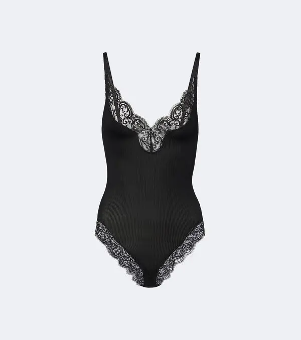 Saint Laurent Lace-trimmed Ribbed-knit Silk Bodysuit - Black