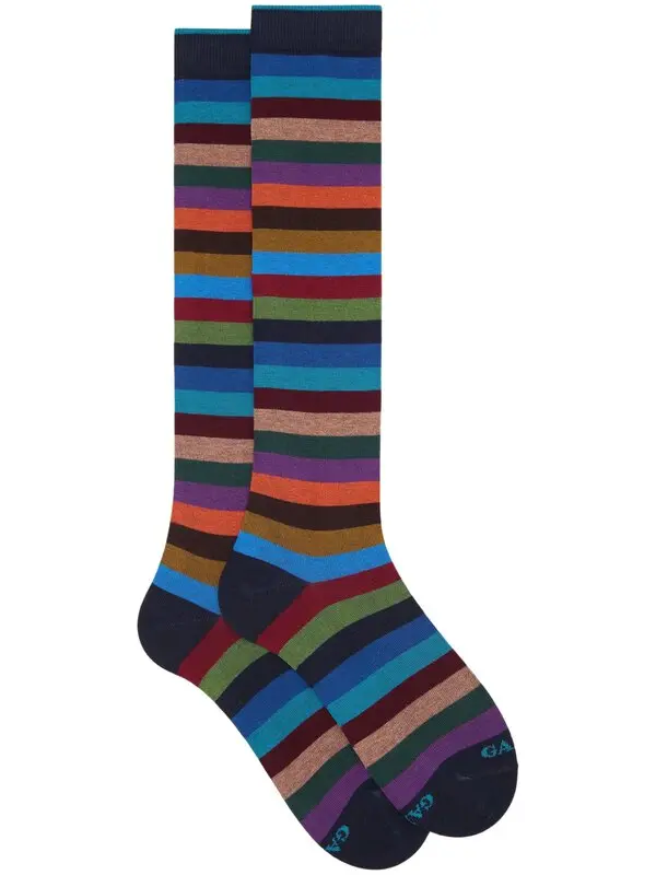 GALLO Long Warm Cotton Socks, Green, Even Stripes