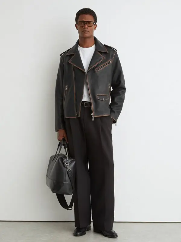 REISS Leather Burnished-detail Biker Jacket
