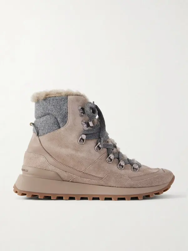 Brunello Cucinelli Shearling-lined Wool-trimmed Suede Ankle Boots