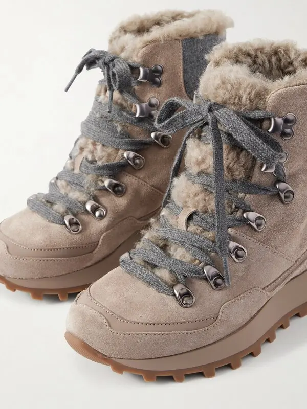 Brunello Cucinelli Shearling-lined Wool-trimmed Suede Ankle Boots