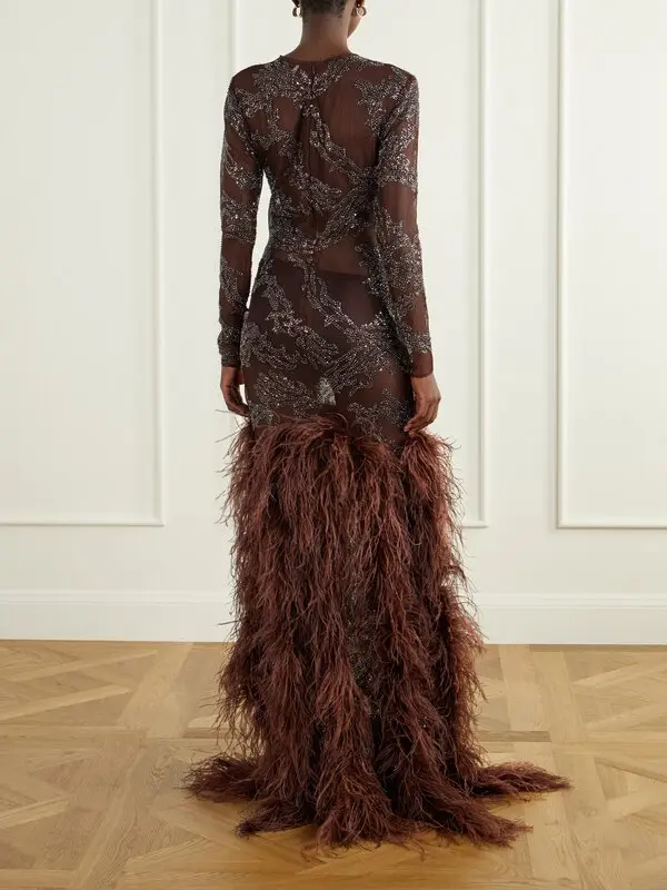 ILKYAZ OZEL Byblos Feather-trimmed Sequin-embellished Mesh Gown
