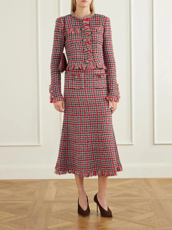 SELF-PORTRAIT Frayed Wool And Cotton-blend Tweed Midi Skirt