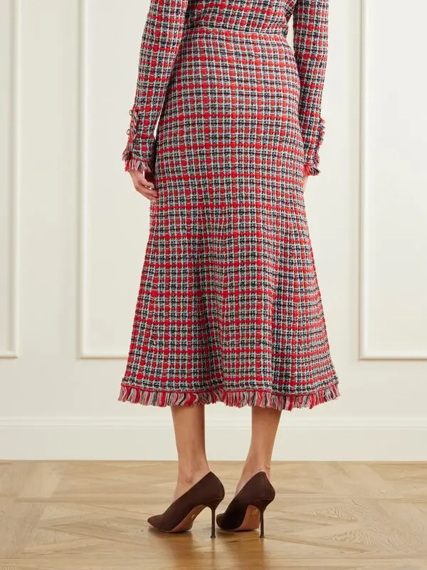 SELF-PORTRAIT Frayed Wool And Cotton-blend Tweed Midi Skirt