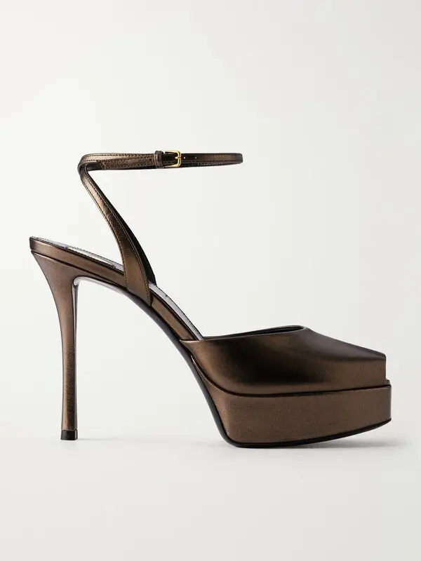 Saint Laurent La Scandale 115 Metallic Leather Platform Sandals - Brown