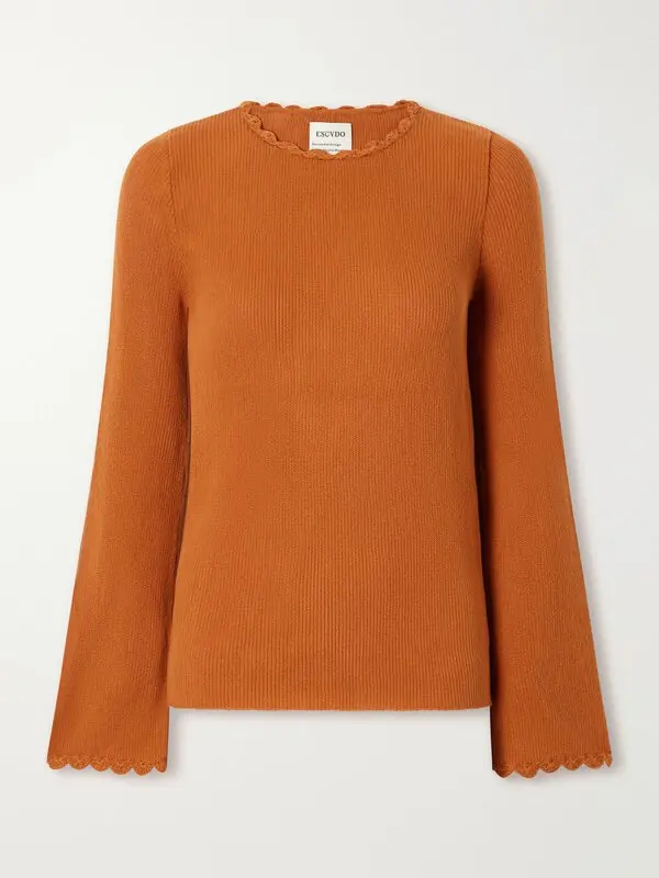 Escvdo Bernabe Scalloped Ribbed Cotton Sweater - Orange