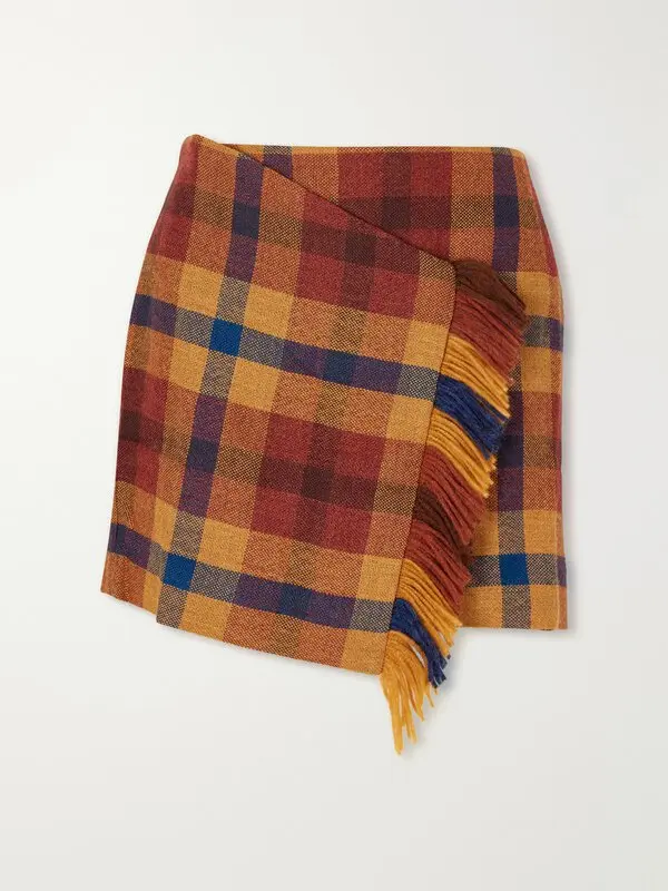 Escvdo Checked Asymmetric Alpaca Mini Skirt