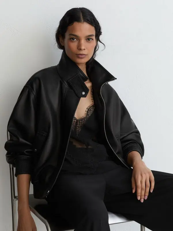 REISS Leather Funnel-neck Bomber Jacket