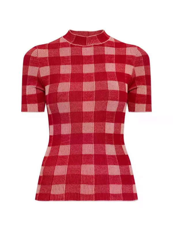 AMI Paris Pink Checkered Wool And Cotton Short-sleeve Sweater - Red