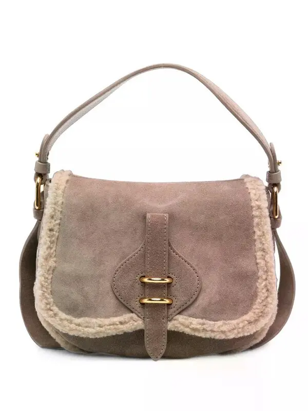 COCCINELLE Shearling-trim Suede Shoulder Bag - Grey