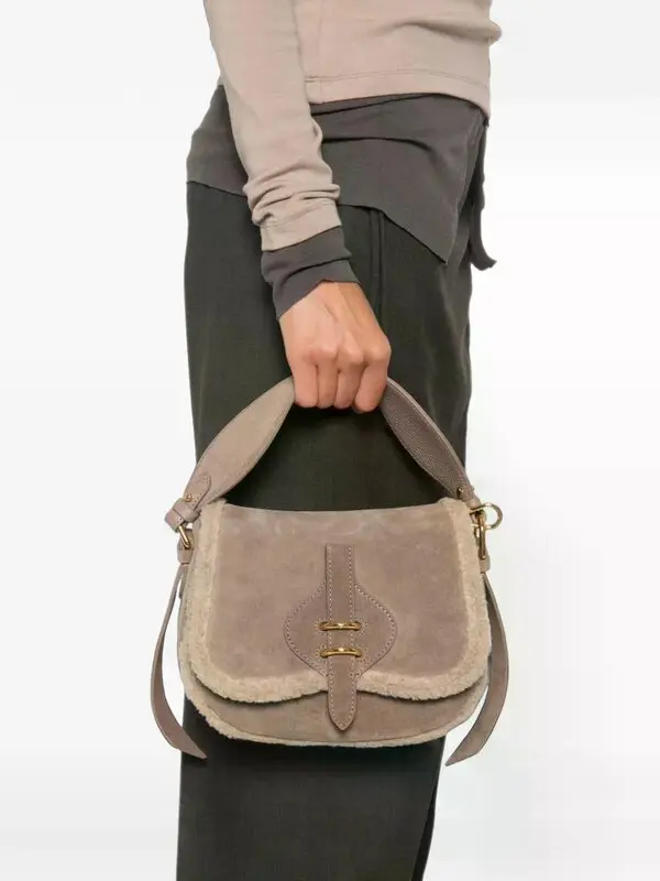 COCCINELLE Shearling-trim Suede Shoulder Bag