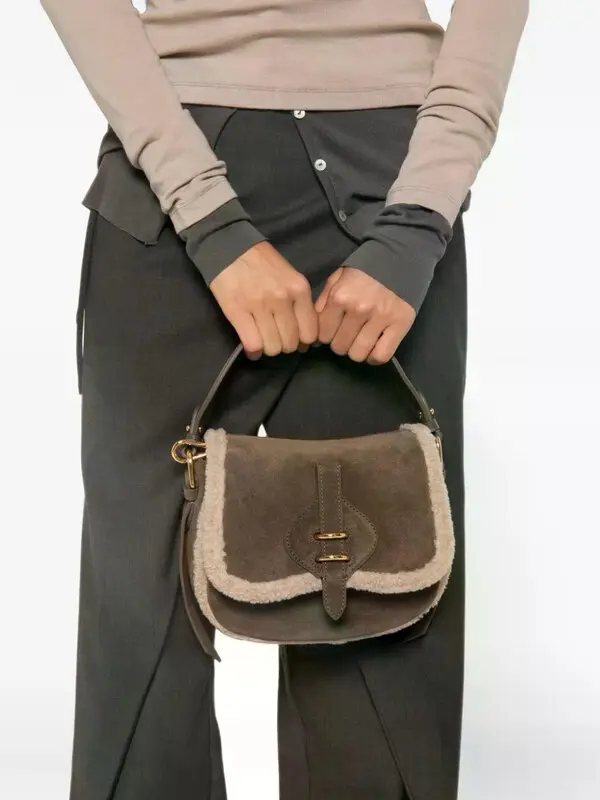 COCCINELLE Shearling-trim Suede Shoulder Bag