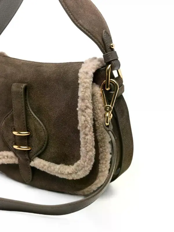 COCCINELLE Shearling-trim Suede Shoulder Bag