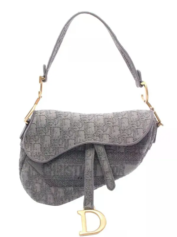 Dior Oblique Denim Embroidered Saddle Bag Shoulder Bag - Grey
