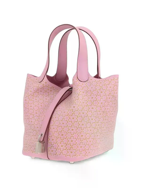 Hermès Leather Floral Print Picotin Lucky Daisy Bucket Bag - Pink