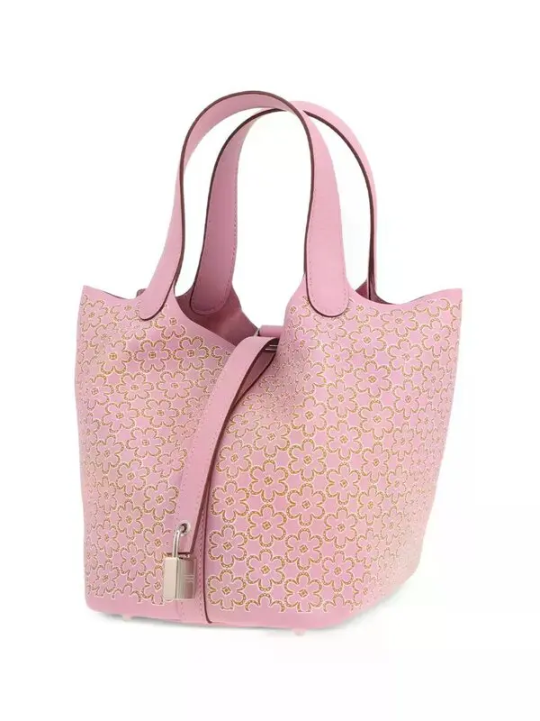 Hermès Leather Floral Print Picotin Lucky Daisy Bucket Bag - Pink