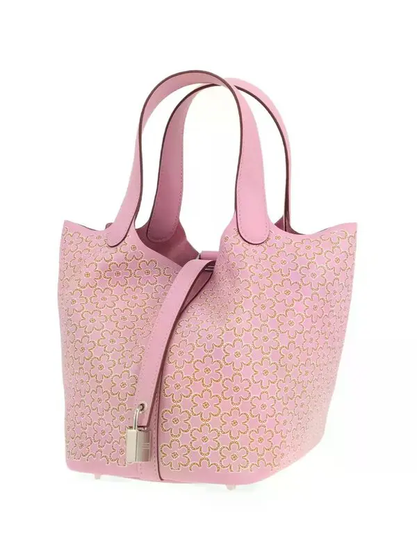 Hermès Leather Floral Print Picotin Lucky Daisy Bucket Bag - Pink