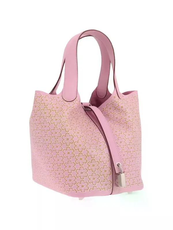 Hermès Leather Floral Print Picotin Lucky Daisy Bucket Bag - Pink