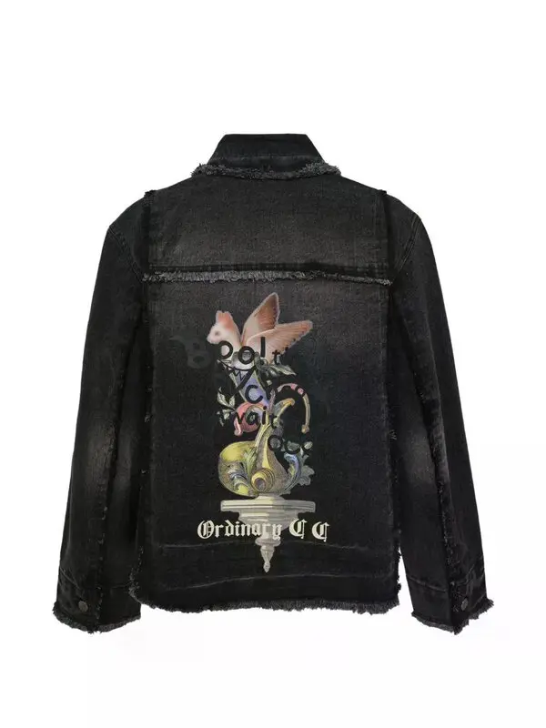 ORDINARY COUTURE CODE Graphic-print Frayed Denim Jacket