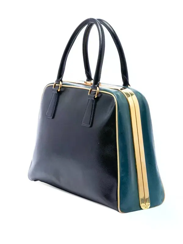 Prada Bicolor Saffiano Vernice Pyramid Frame Handbag