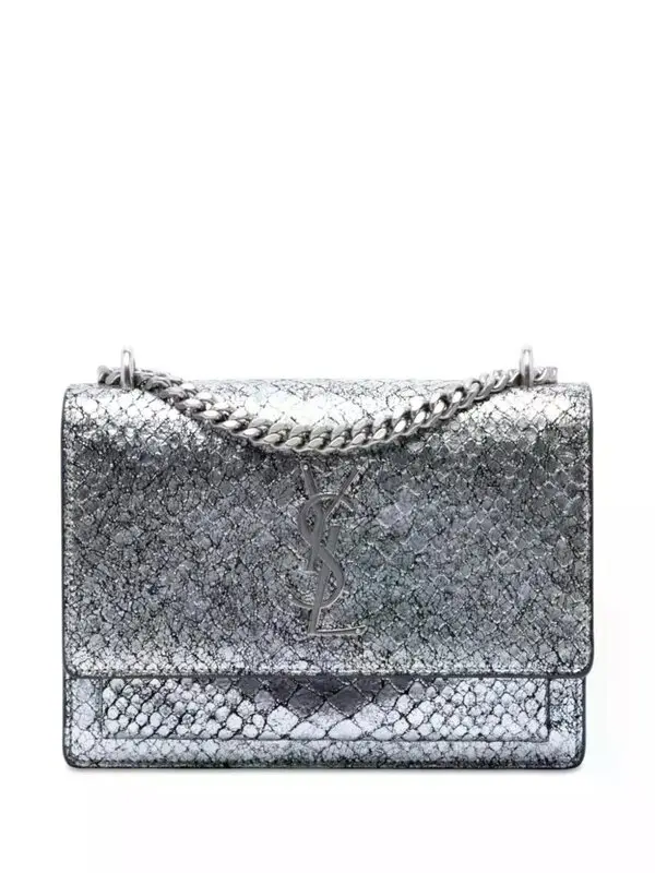 Saint Laurent Python Embossed Leather Monogram Sunset Cross Body Satchel - Silver