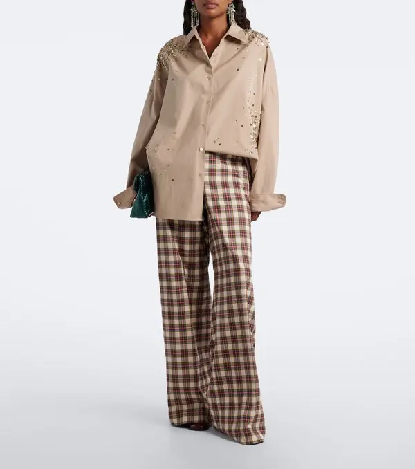 Dries Van Noten Plaid Cotton Flannel Wide-leg Pants