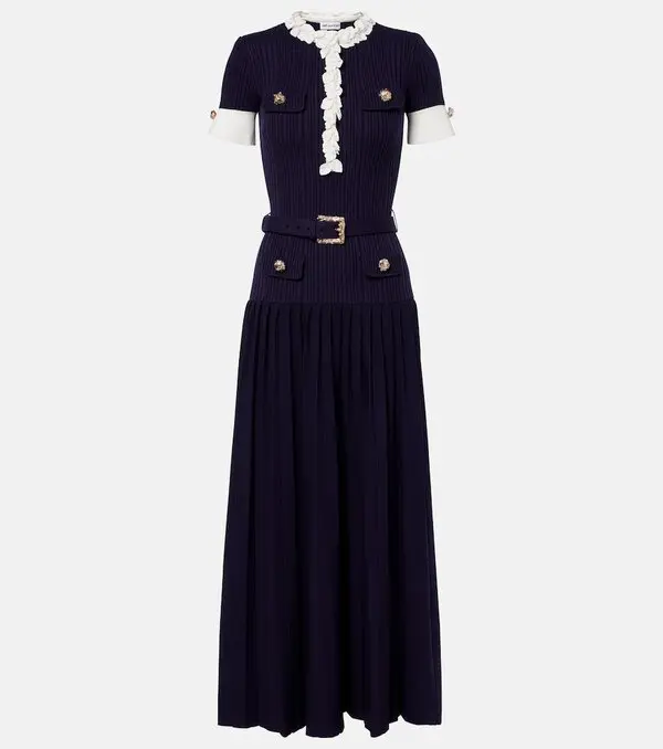 SELF-PORTRAIT Belted Ribbed-knit Midi Dress - Blue