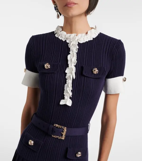 SELF-PORTRAIT Belted Ribbed-knit Midi Dress