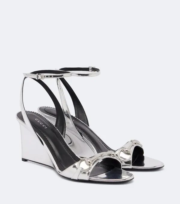 Gucci Donna Leather Wedge Sandals - Silver