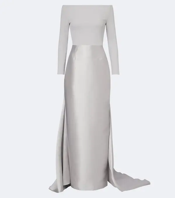 Solace London Winslow Off-shoulder Satin And Crepe Gown - Silver
