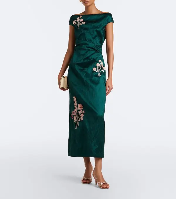 Erdem Embellished Floral Applique Satin Cocktail Dress