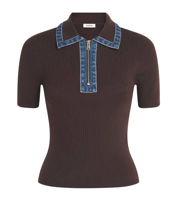 Sandro Knitted Denim-collar Polo Shirt - Brown