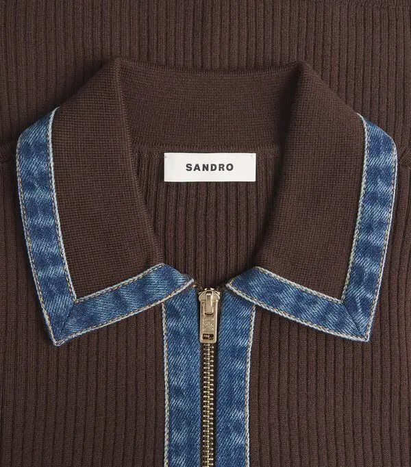 Sandro Knitted Denim-collar Polo Shirt