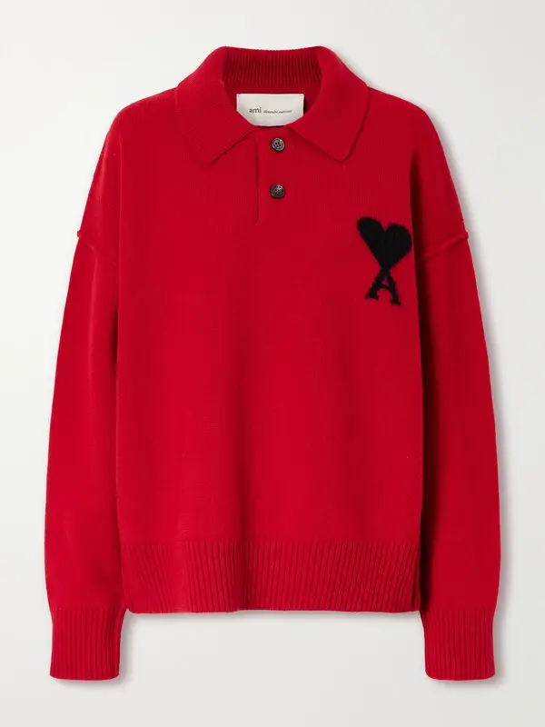 AMI Paris Virgin Wool-intarsia Polo Sweater