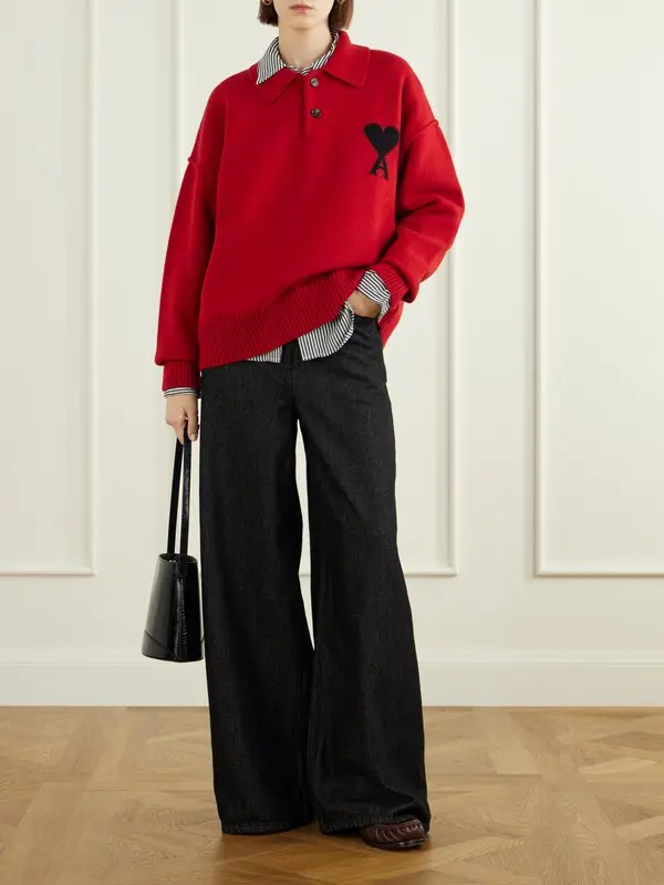 AMI Paris Virgin Wool-intarsia Polo Sweater
