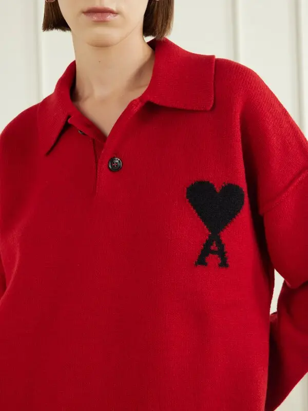 AMI Paris Virgin Wool-intarsia Polo Sweater