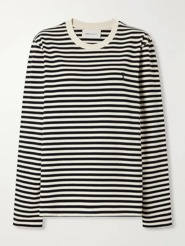 AMI Paris Logo-embroidered Striped Cotton-jersey T-shirt