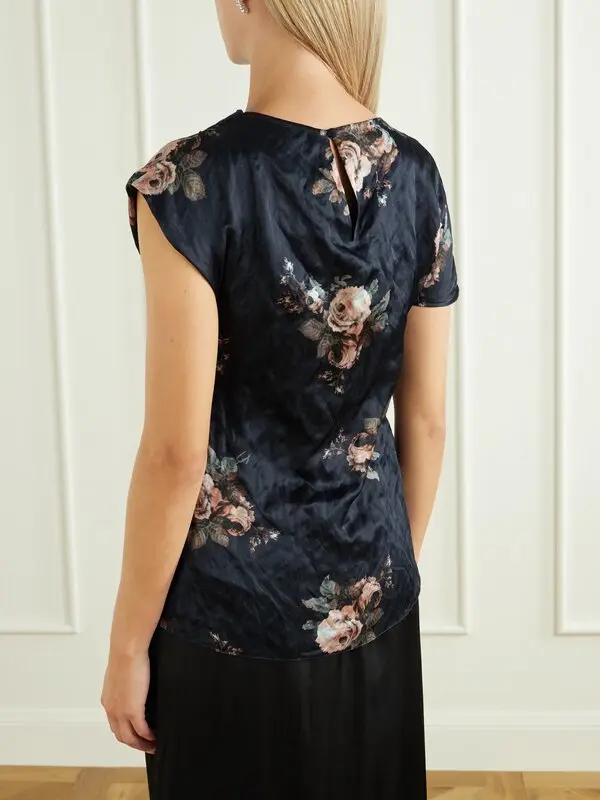Erdem Asymmetric Draped Floral-print Metallic Crinkled-satin Blouse