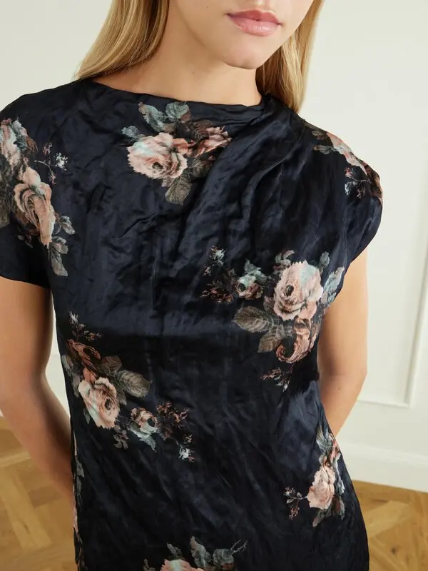 Erdem Asymmetric Draped Floral-print Metallic Crinkled-satin Blouse