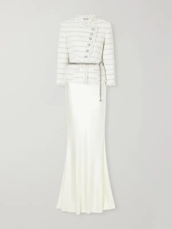 SELF-PORTRAIT Belted Satin And Bouclé Maxi Dress - White