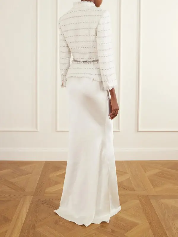 SELF-PORTRAIT Belted Satin And Bouclé Maxi Dress