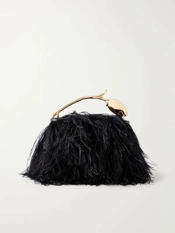Erdem Bloom Feather-trimmed Leather Clutch Bag