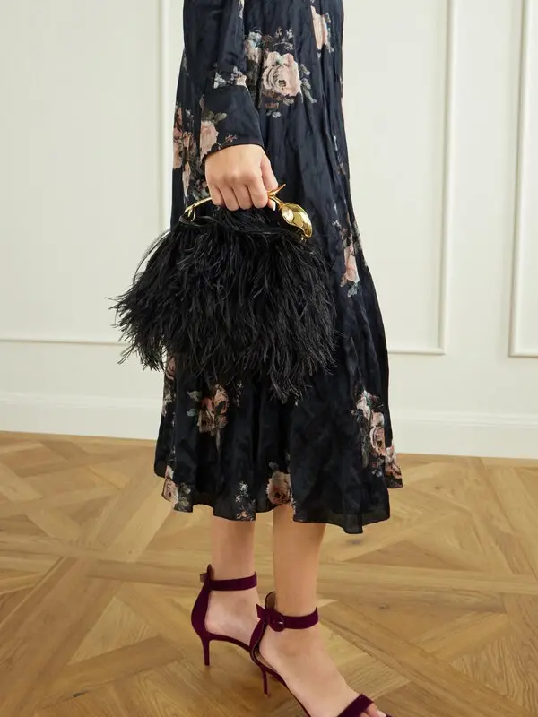 Erdem Bloom Feather-trimmed Leather Clutch Bag