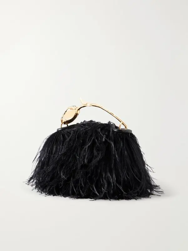 Erdem Bloom Feather-trimmed Leather Clutch Bag