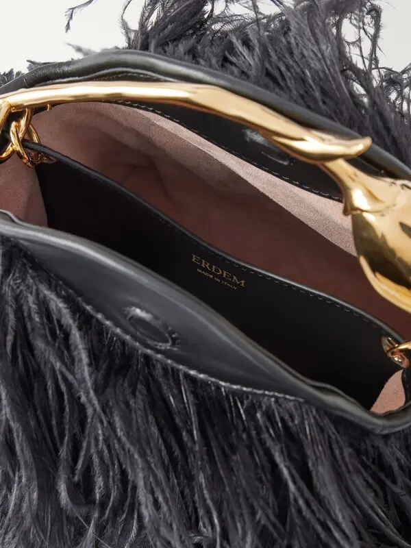 Erdem Bloom Feather-trimmed Leather Clutch Bag