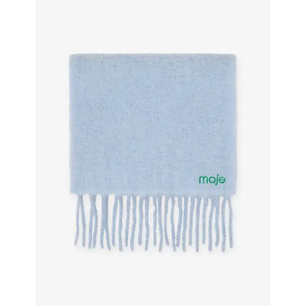 Maje Fringed Logo-embroidered Wool And Alpaca Scarf - Blue Sky
