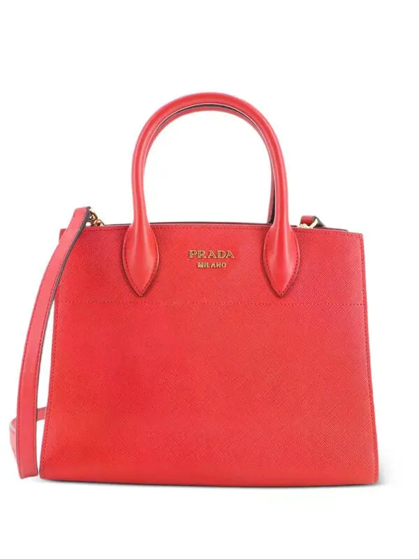 Prada Bibliotheque Saffiano And City Calf Tote Bag - Red